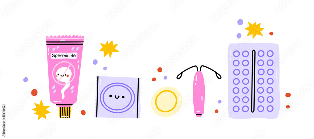 Safe sex and birth control. Set of contraception methods: condom and ...