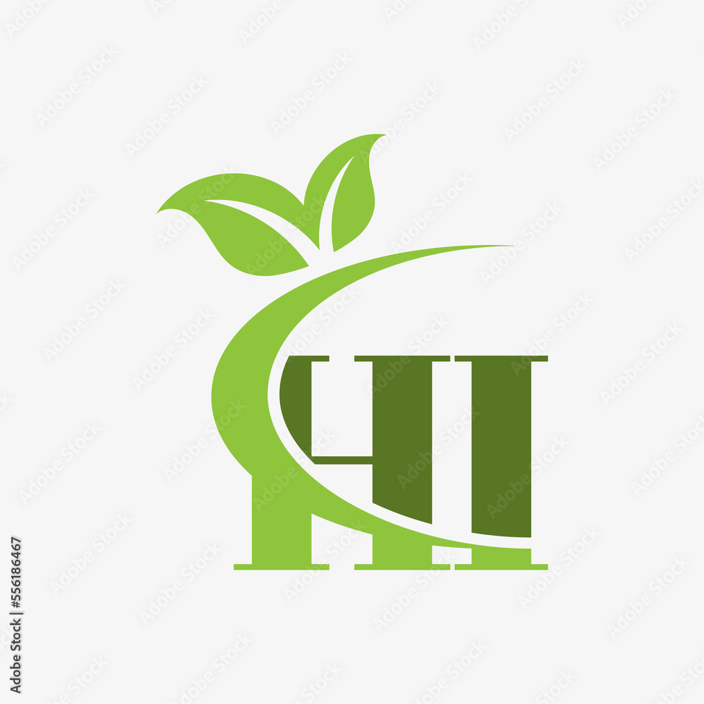 HI Letter Logo with swoosh leaves icon vector. HI creative and nature ...
