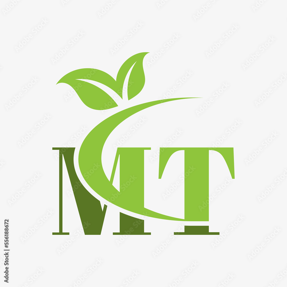 MT Letter Logo with swoosh leaves icon vector. MT creative and nature ...