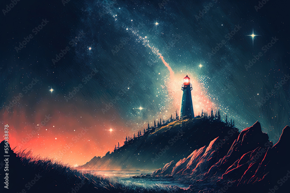 Illustration of a lighthouse scene at night, featuring the sky, the ...