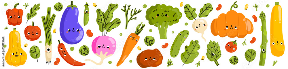 Cute vegetable characters with funny kawaii faces. Happy smiling ...