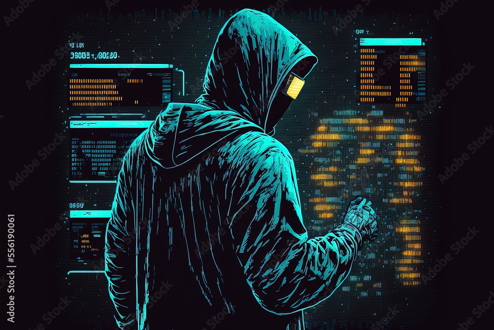 hacker man holding user interface screens with icon, stats and data ...
