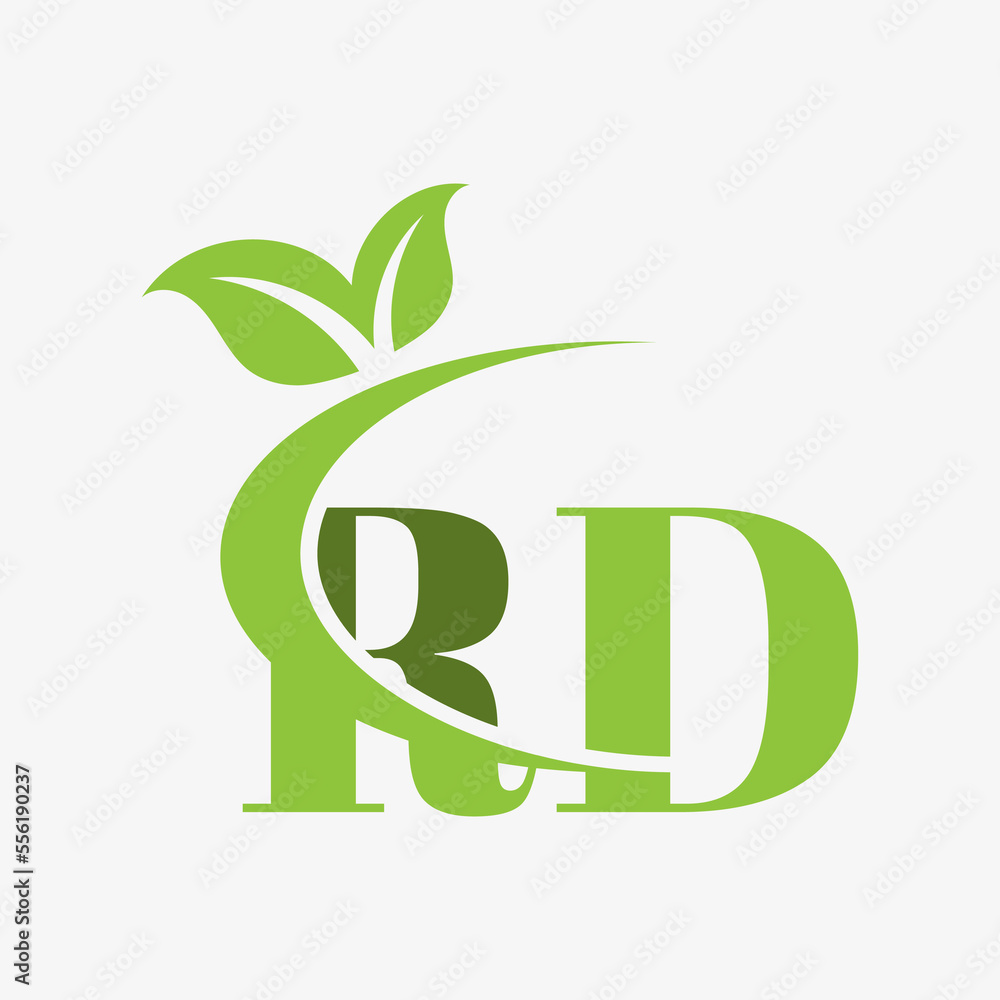 RD Letter Logo with swoosh leaves icon vector. RD creative and nature ...