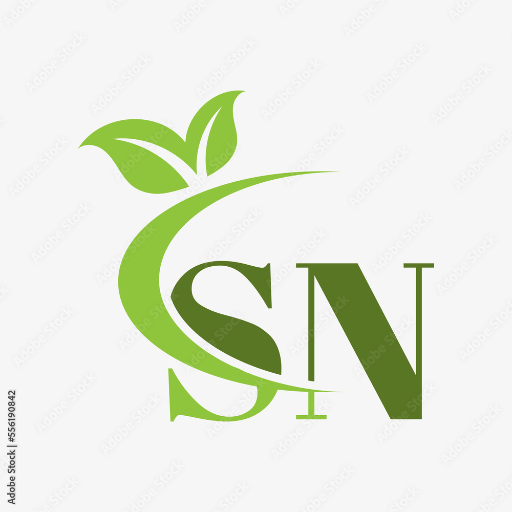 SN Letter Logo with swoosh leaves icon vector. SN creative and nature ...