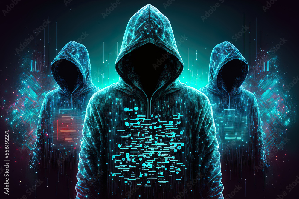 hacker with abstract glowing big data or metaverse hologram on blurry background future and ...