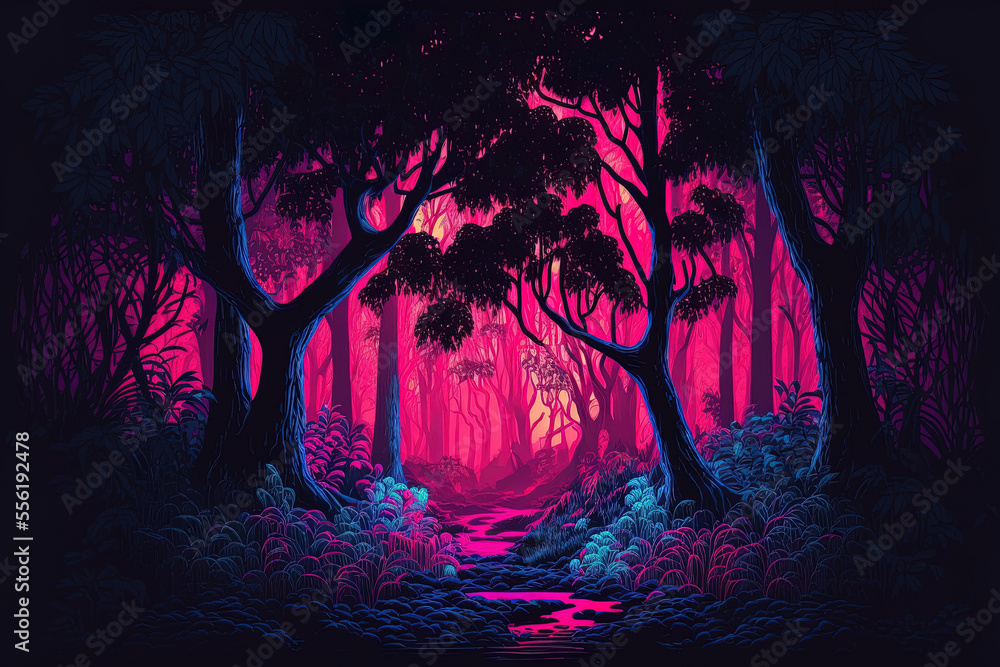 Fantasy neon forest jungle at dusk mysterious surreal woodland lovely ...