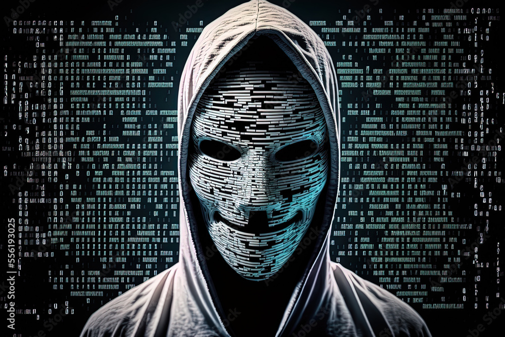 white hacker mask with binary code digital interface double exposure ...