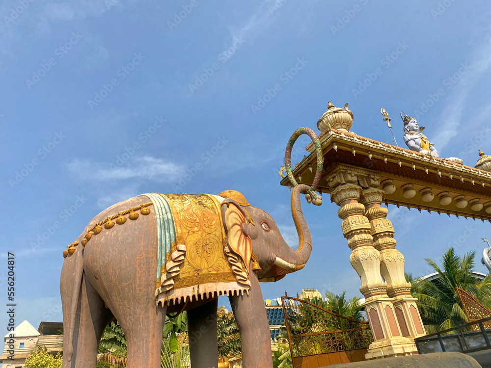 Big Elephant statue arch at famous Ayyappa swamy temple in Dwarapudi ...