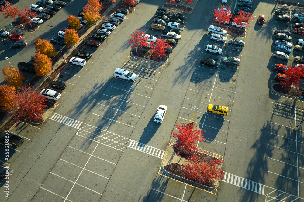 Top view of many cars parked on a parking lot in front of a strip mall ...