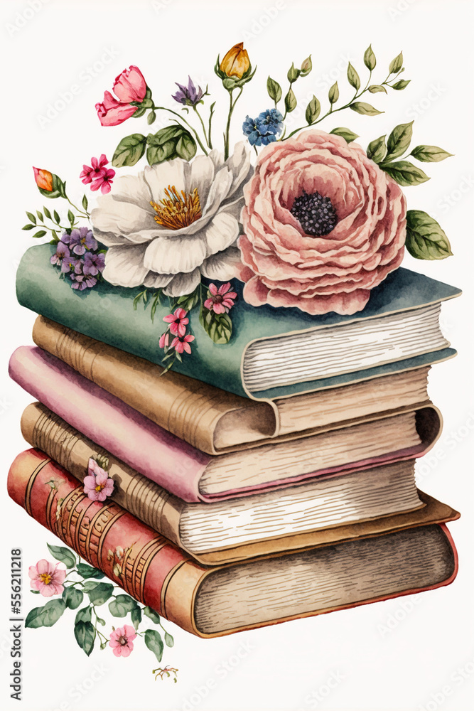 stack of books and flowers, watercolor illustration on white background ...