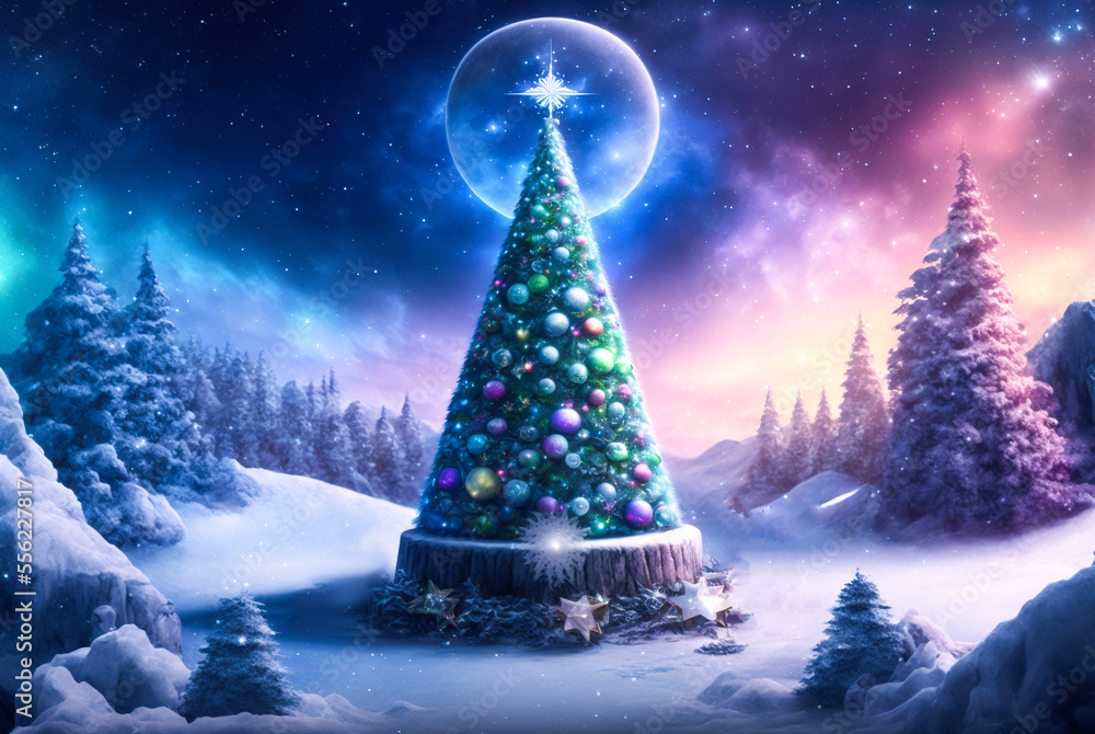 A Christmas tree with a star on top of it in a snowy winter landscape ...