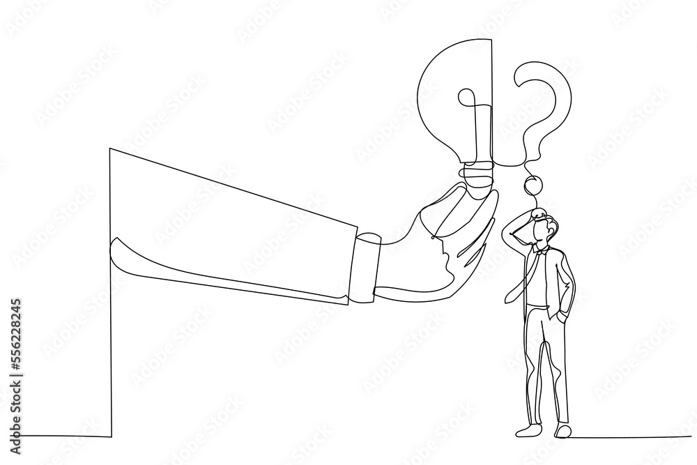 Drawing of businessman stand with question mark sign then helping hand ...