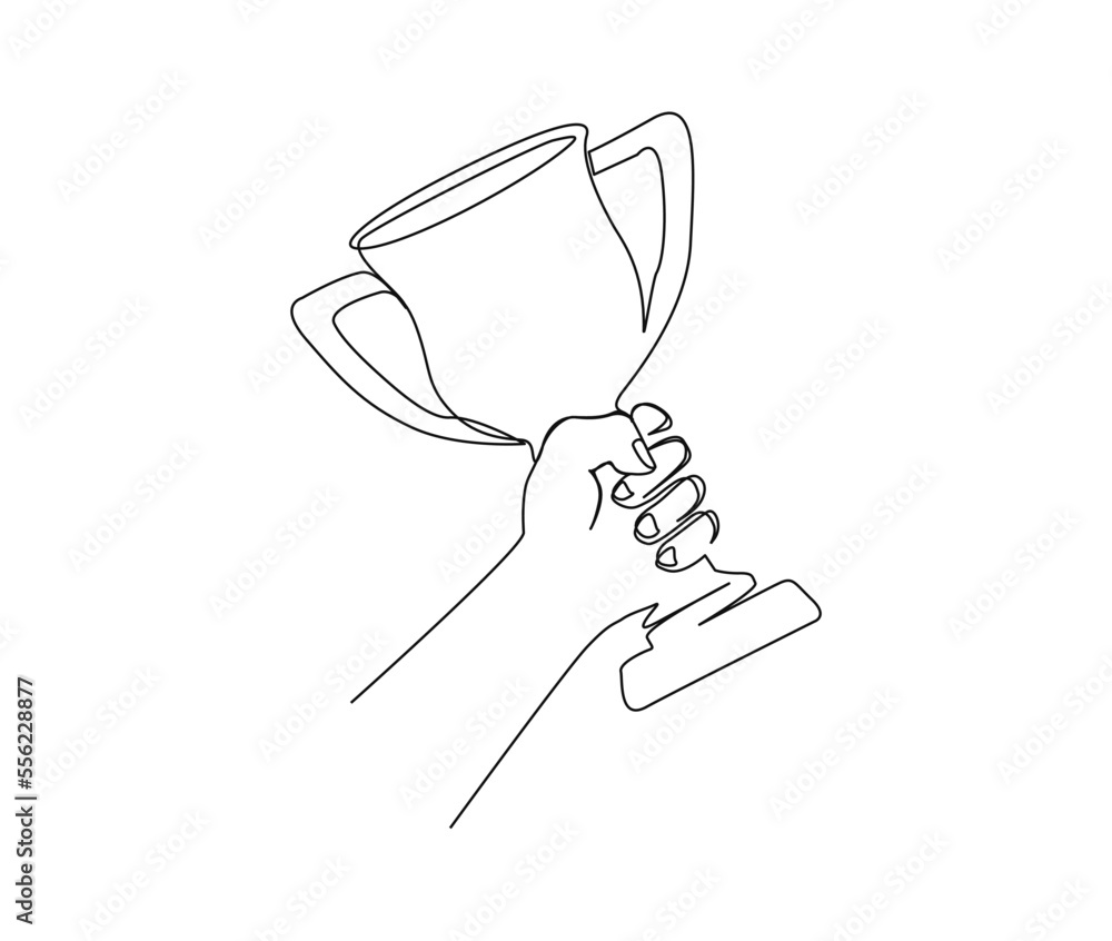 Continuous one line drawing of hand holding trophy cup award. Winner ...