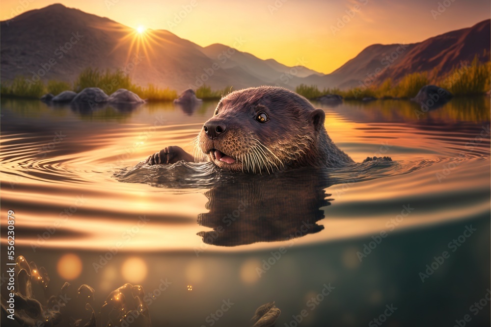 a painting of a sea otter swimming in the water at sunset or dawn with ...
