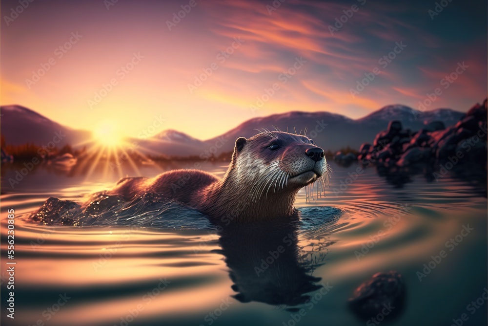 a sea otter swimming in the water at sunset with mountains in the ...
