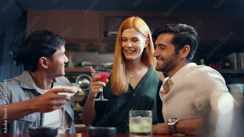 4K Group of Man and woman enjoy and fun hangout nightlife drinking ...