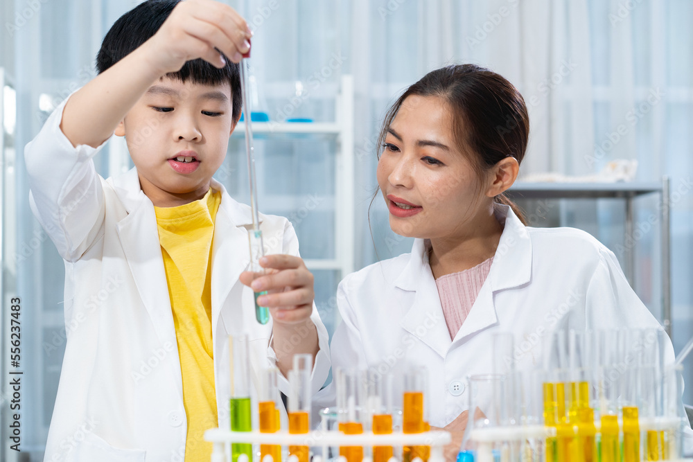 smart young boy enjoys examining chemical laboratory with school ...