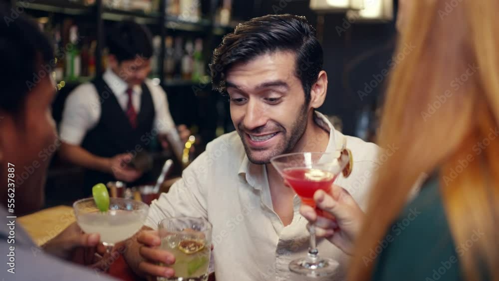 4K Group of Man and woman enjoy and fun hangout nightlife drinking ...