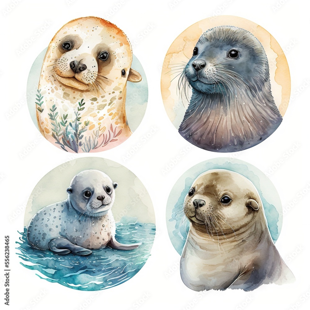 four watercolor sealions are shown in four different colors and sizes ...