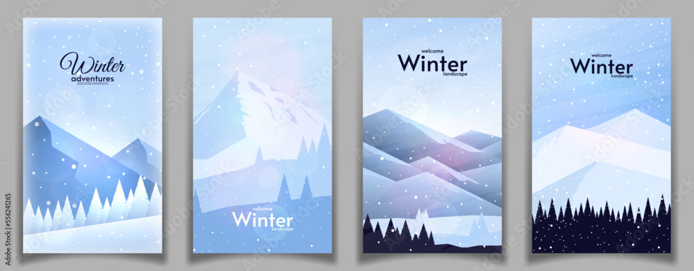 Winter season landscape. Flat style. Vector illustration. Beautiful ...