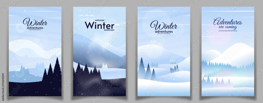 Winter season landscape. Set of posters. Design for brochure ...