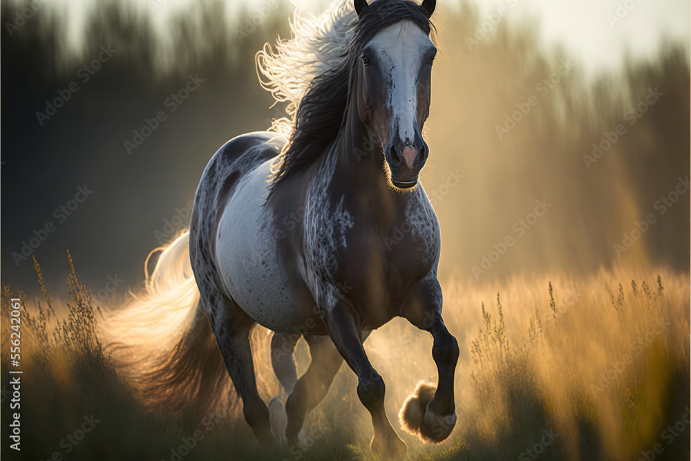 a horse running through a field of tall grass with the sun shining ...