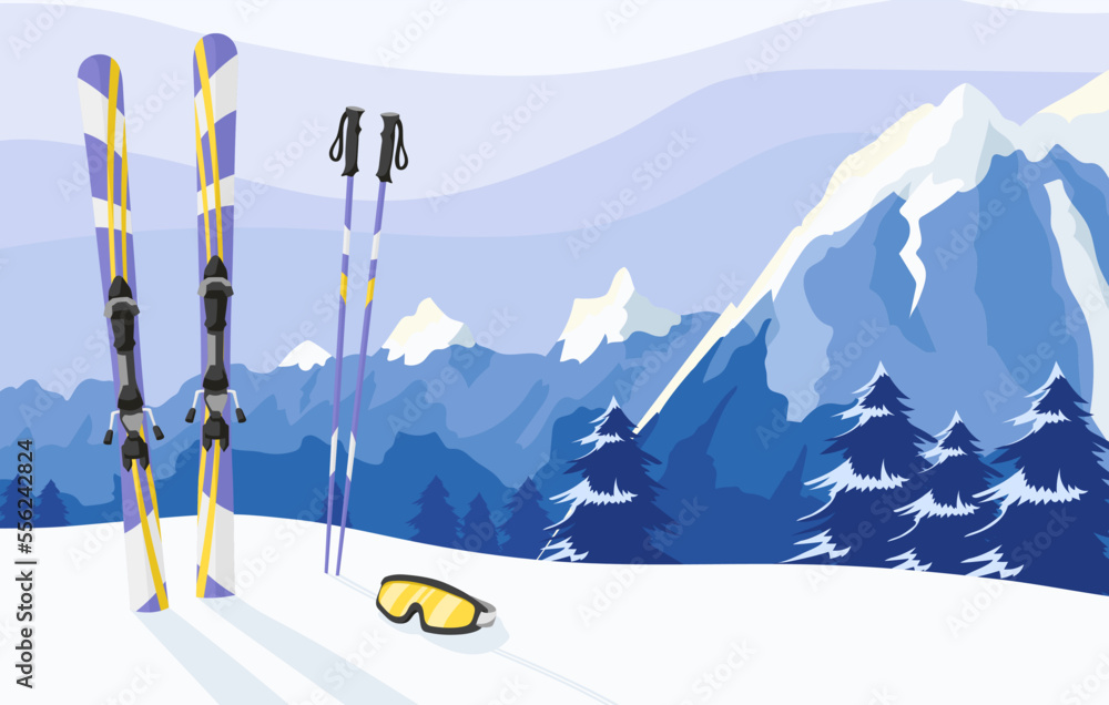 Ski equipment banner with snowy Alps peaks landscape on background ...