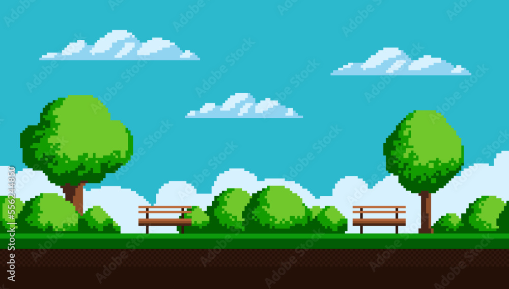 Vecteur Stock Pixel art game background with trees, ground, grass, sky ...