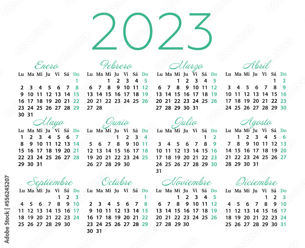 Calendars in Spanish for 2023 on a white background. Calendar grids ...
