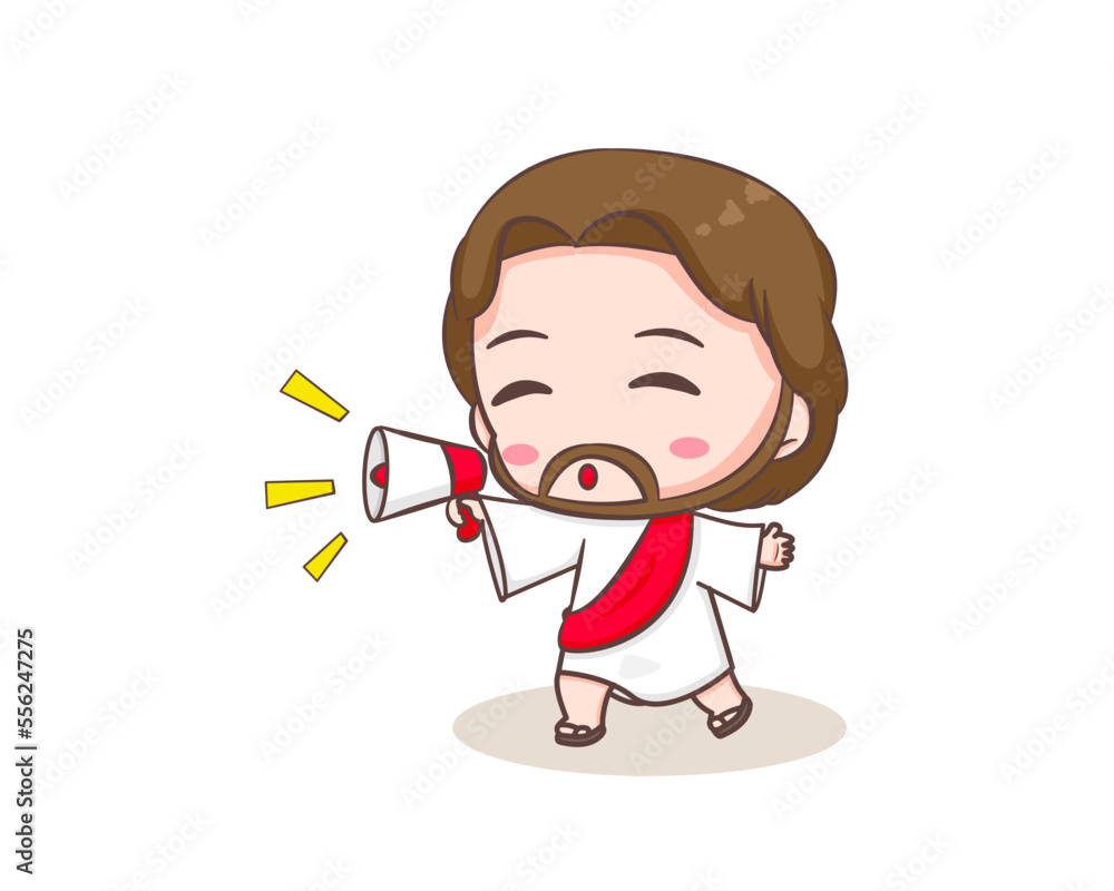 Cute Jesus Christ with megaphone cartoon character. Hand drawn Chibi ...