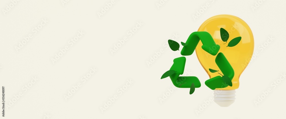 green recycle symbol and leaves with yellow light bulb on pastel ...