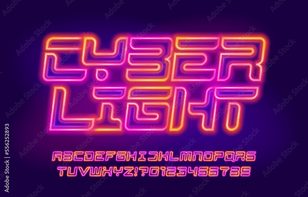 Cyber Light alphabet font. Neon colors futuristic letters and numbers ...