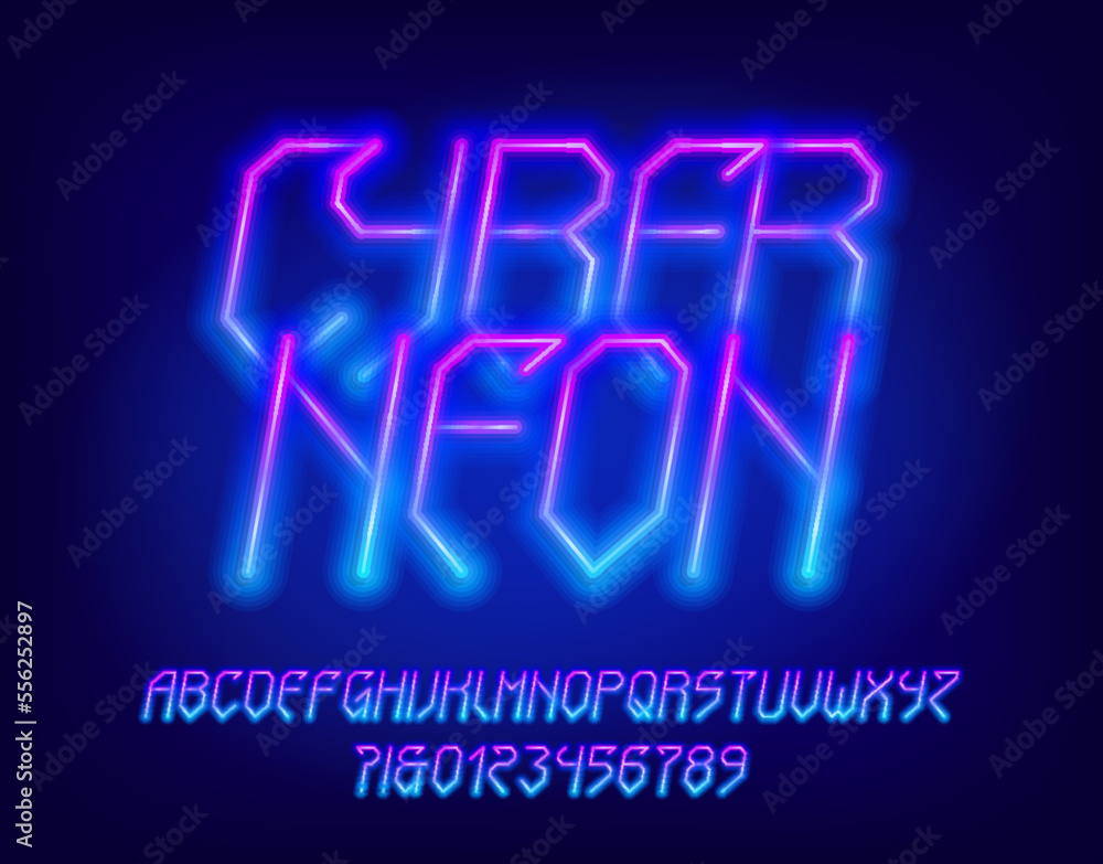 Cyber Neon alphabet font. Futuristic neon letters and numbers. Stock ...
