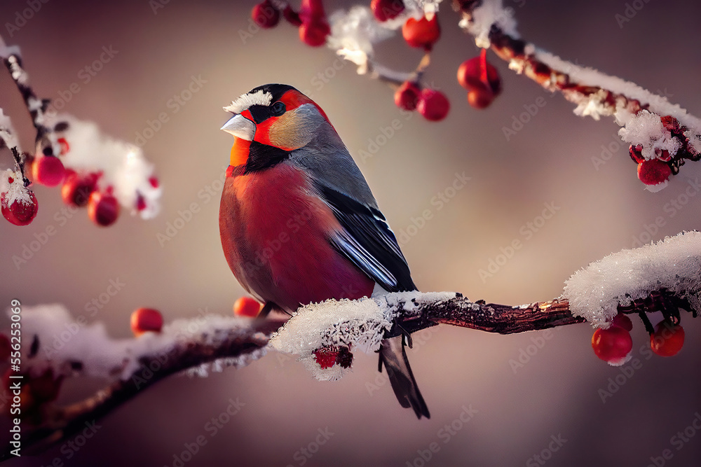 Beautiful red bird sitting on a tree branch with red berries and snow ...