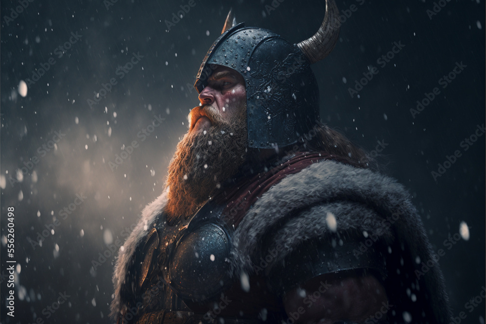 Viking in armor and horned helmet. Medieval warrior in armor ...