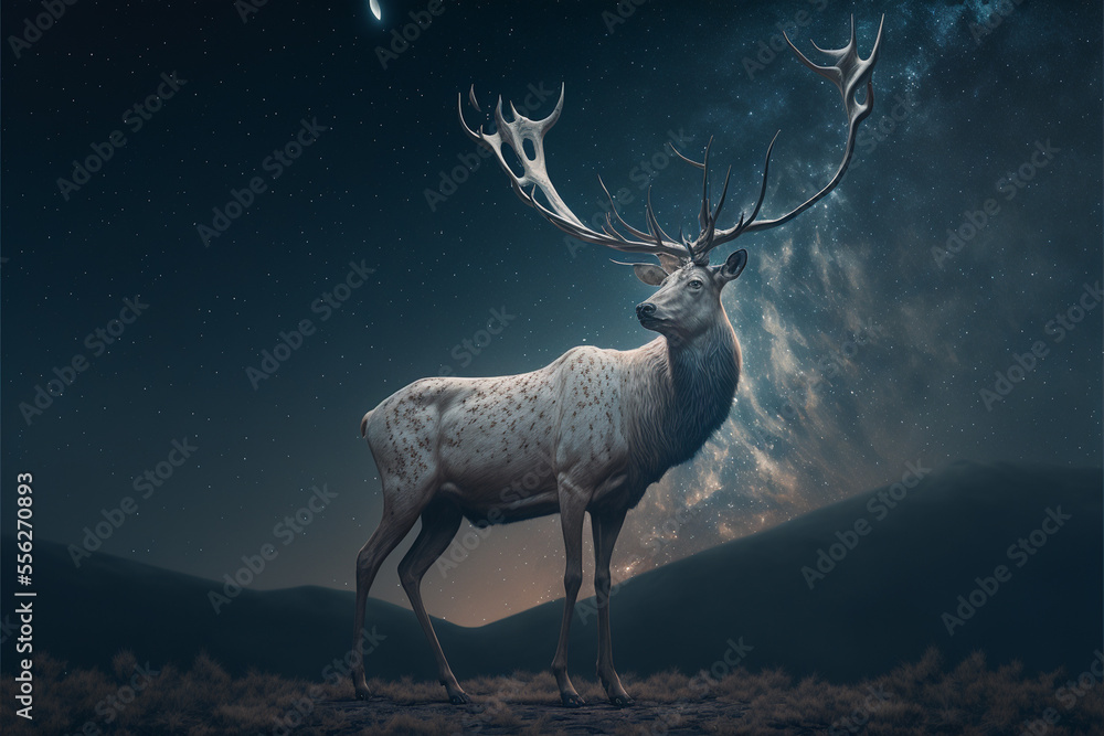 Fairytale background of a white stag standing on starry night with full ...