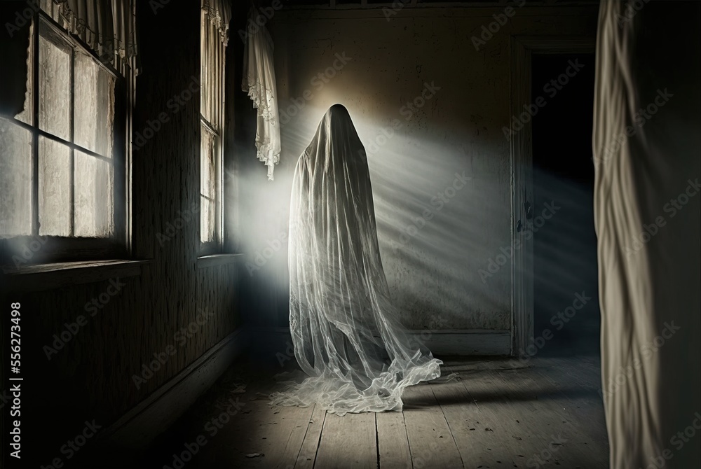 Creepy abandoned haunted house with spooky white cloth ghost ...