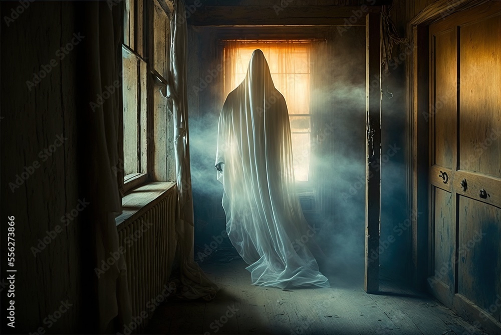 Creepy abandoned haunted house with spooky white cloth ghost ...