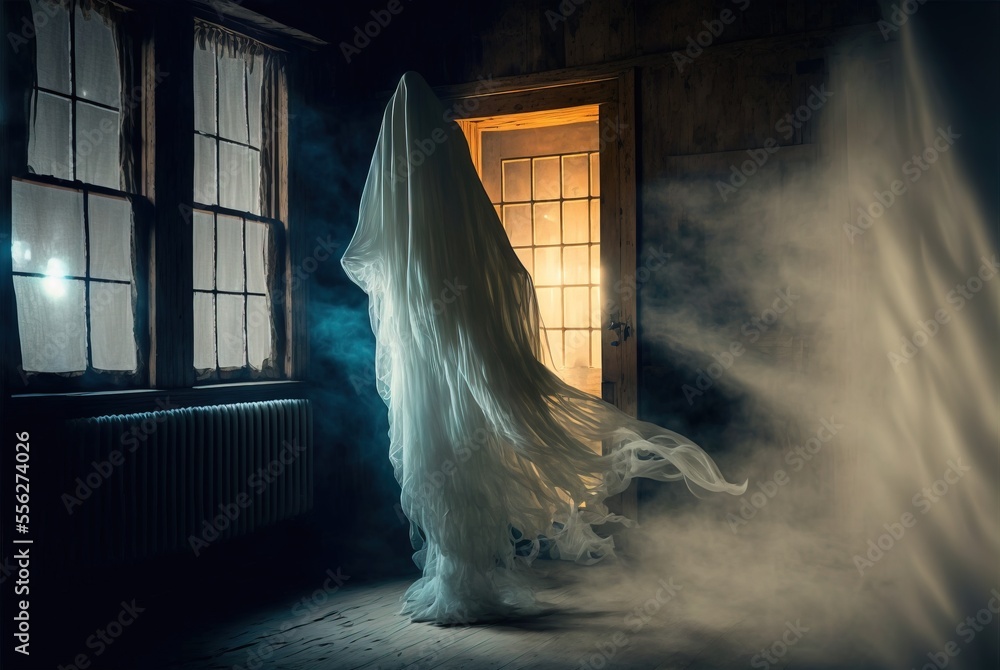 Creepy abandoned haunted house with spooky white cloth ghost ...