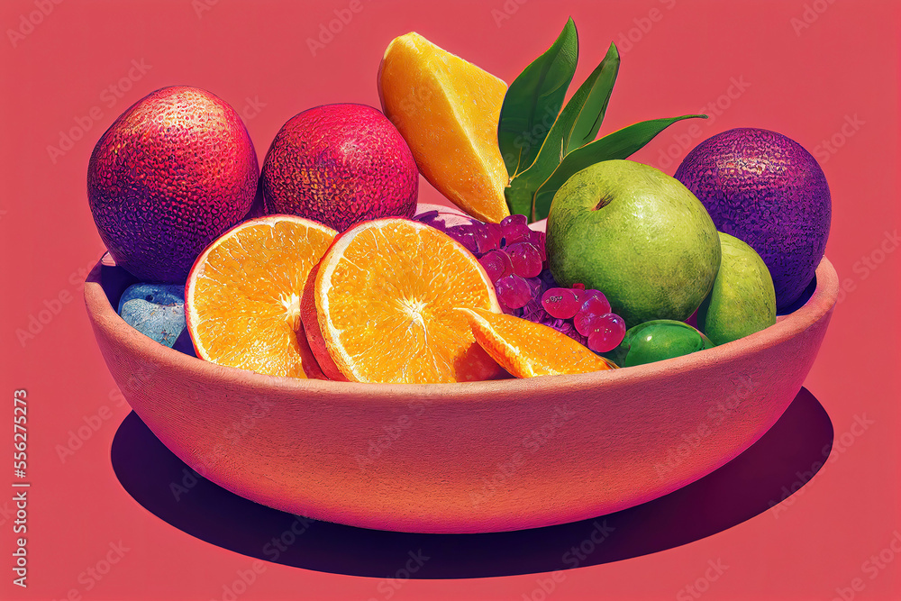 Fresh variety of different fruits in fruit bowl on red background ...