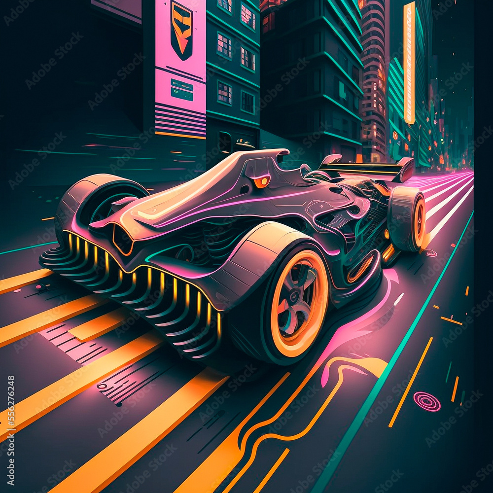 Neon racing car of the future rushes along the roads of the night city ...