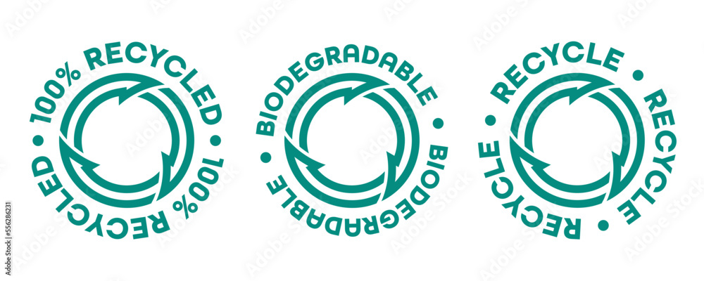 The set of different signs on the theme of recycling and biodegradable ...