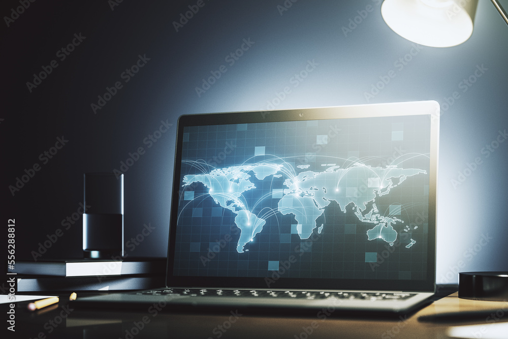 Computer monitor with abstract graphic digital world map with ...