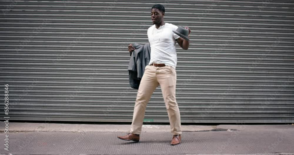 Dance, music and freedom with a black man in the city, dancing against ...