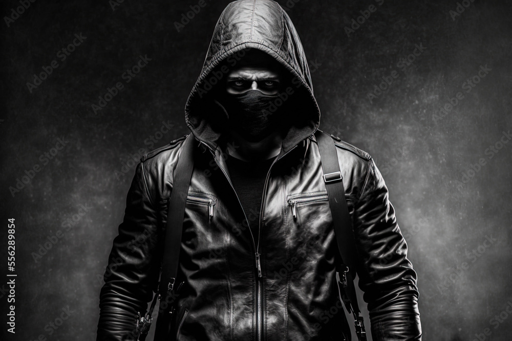 armed robber wearing a black leather jacket, dangerous. Generative AI ...