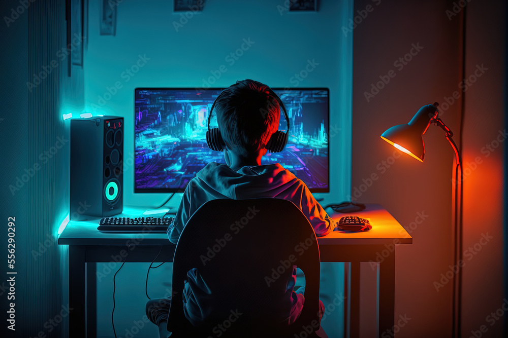 using a desktop computer in the living room at home, a child is ...