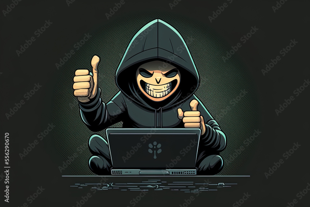 A hacker is seated at a laptop, thumbs up, celebrating a successful ...