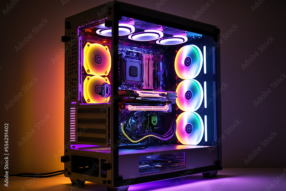 A gaming computer with RGB LED lighting that is put together with ...