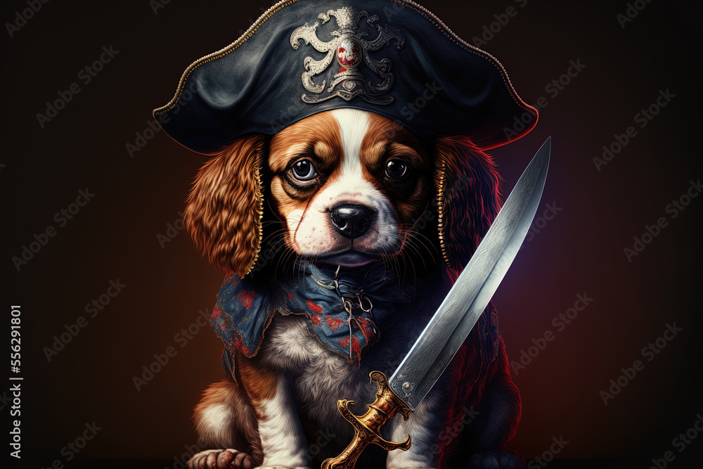 dog wearing a pirate helmet and patch and biting a knife. Generative AI ...