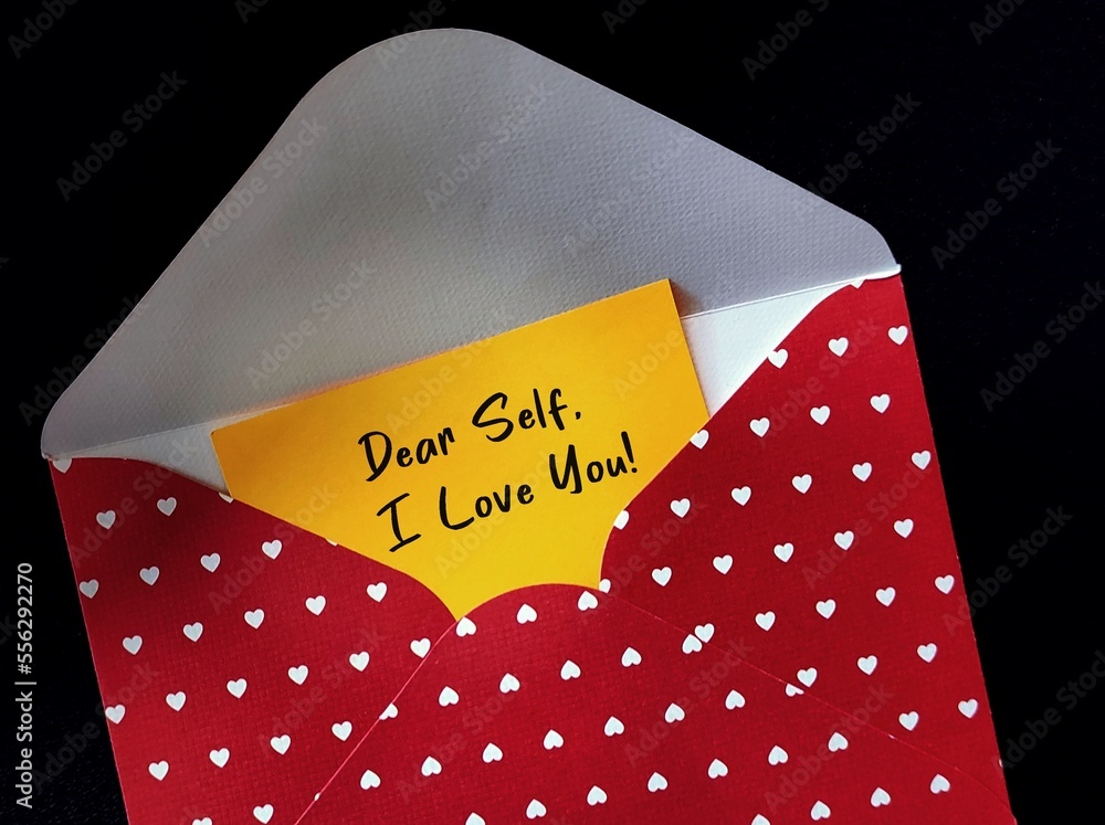 Red heart envelope with handwritten card DEAR SELF, I LOVE YOU ...